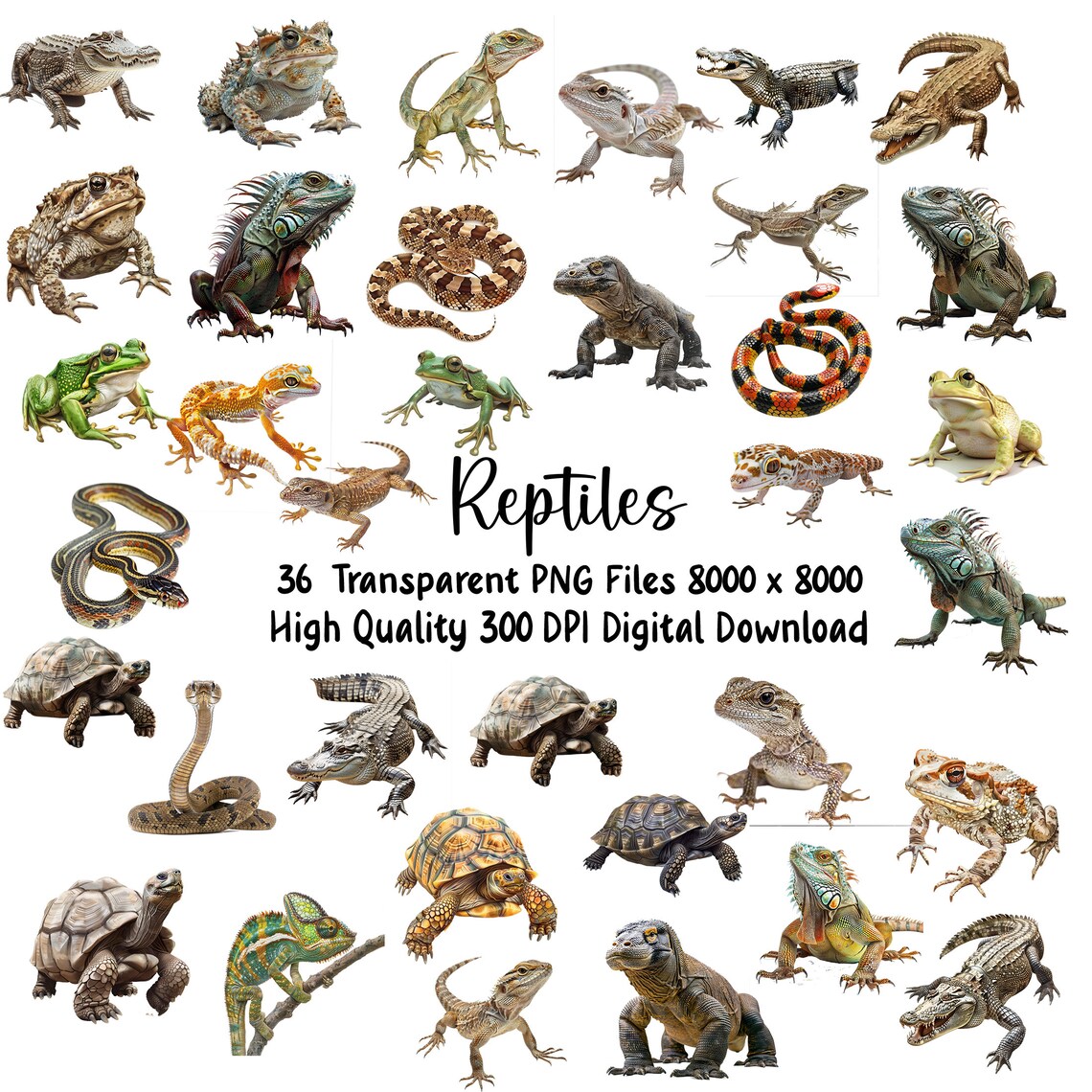 Reptiles Watercolor Clipart, Chameleon, Lizard, Snake, Turtle ...