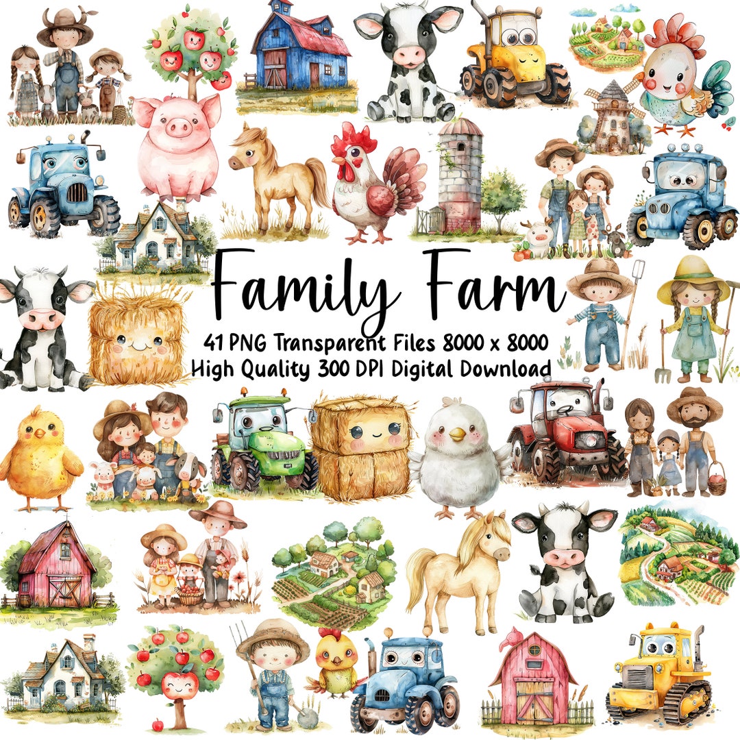 Whimsical Farm Animals Clipart: Kawaii Watercolor Set (commercial Use ...
