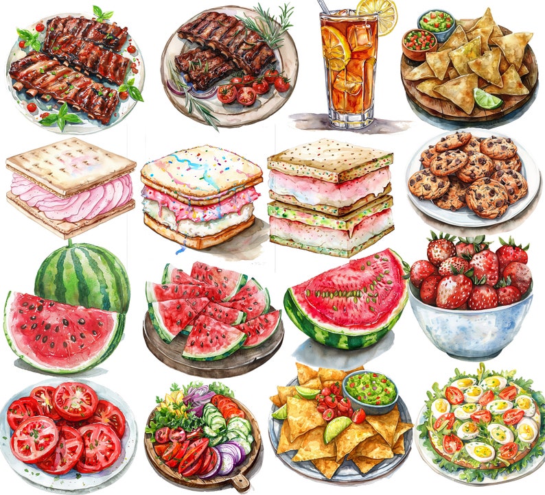 Watercolor Summer Foods Clipart, Picnic Food Clipart, PNG, Commercial ...