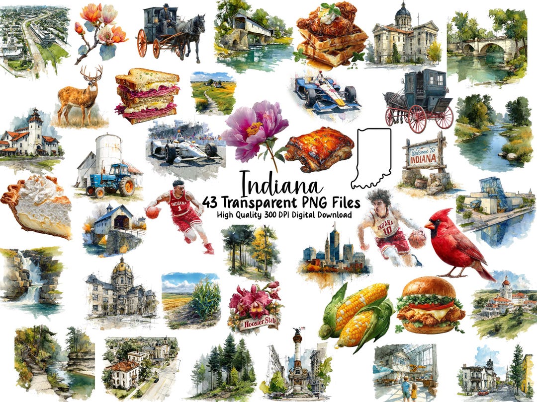 Indiana Clipart | State Outline, Landmarks, Icons & Symbols | Digital ...