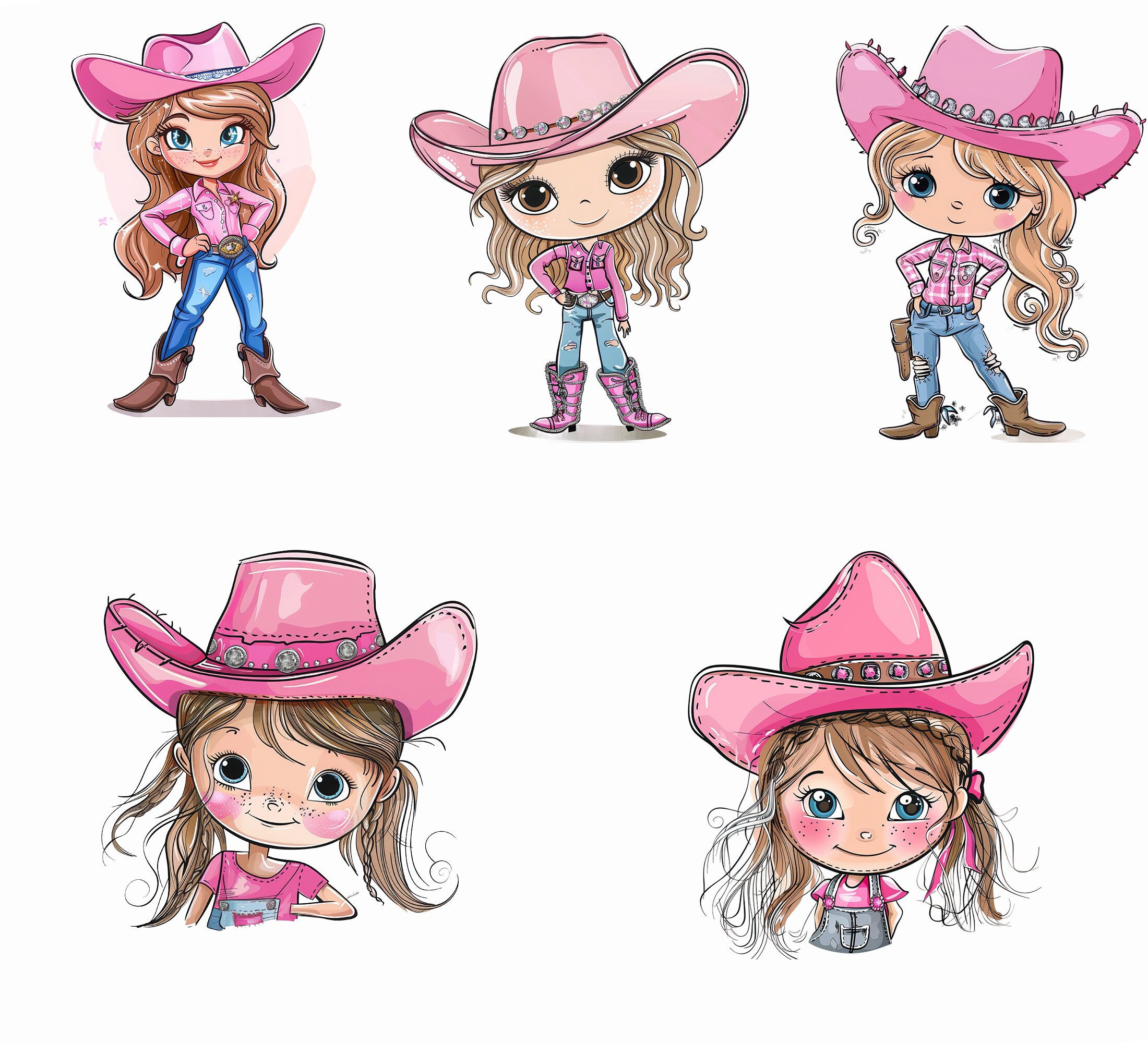 Pink Cowgirls Clipart Bundle, Cute Cowgirl Images on Horses, Whimsical ...
