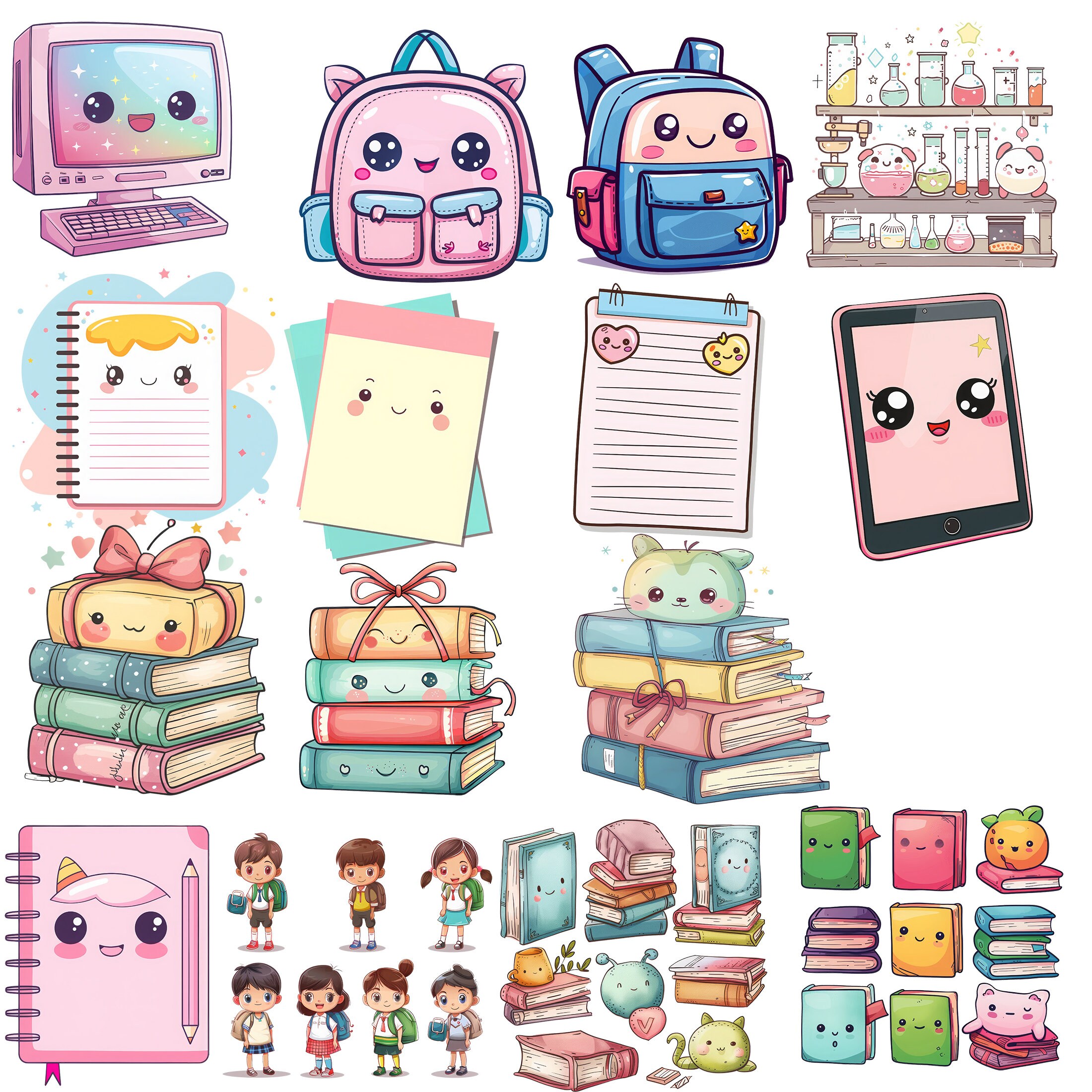 Kawaii School Clipart, Adorable Classroom Graphics, Cute Kawaii Kids ...