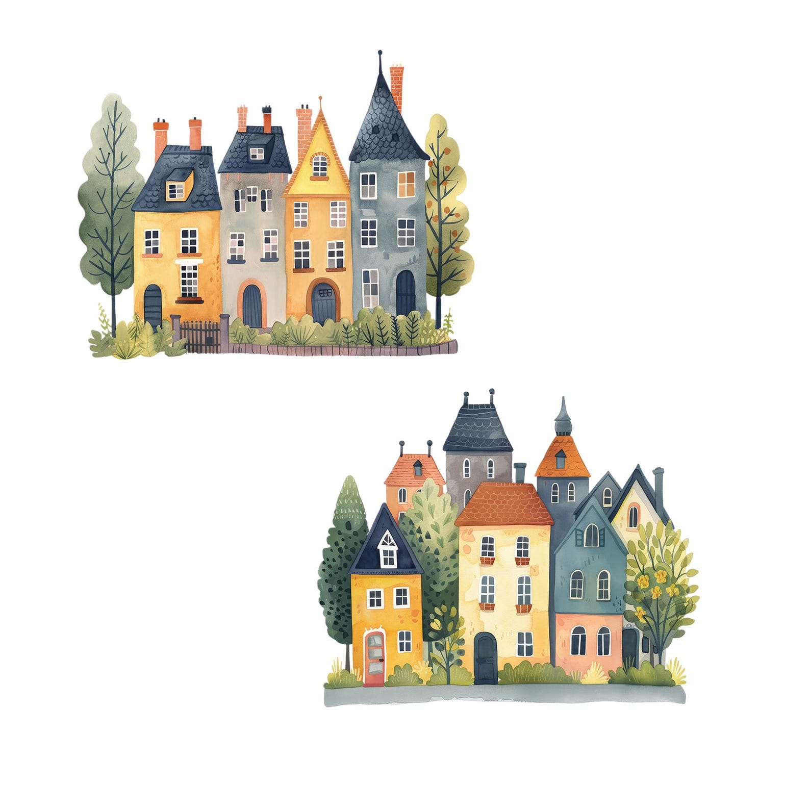 Whimsical Row Houses Watercolor Clipart: Chibi Homes (PNG, Instant ...