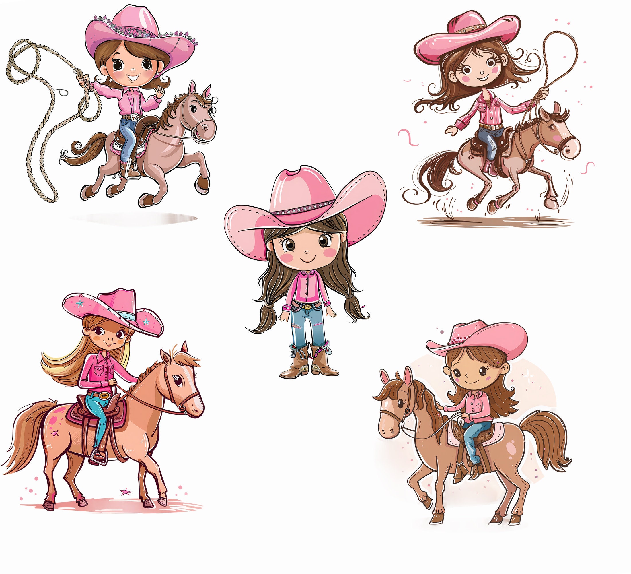 Pink Cowgirls Clipart Bundle, Cute Cowgirl Images on Horses, Whimsical ...