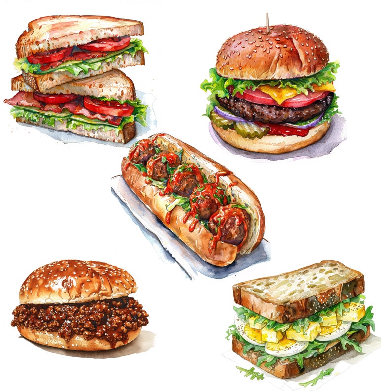 Watercolor Sandwiches PNG Bundle, Breakfast PNG Digital Download ...
