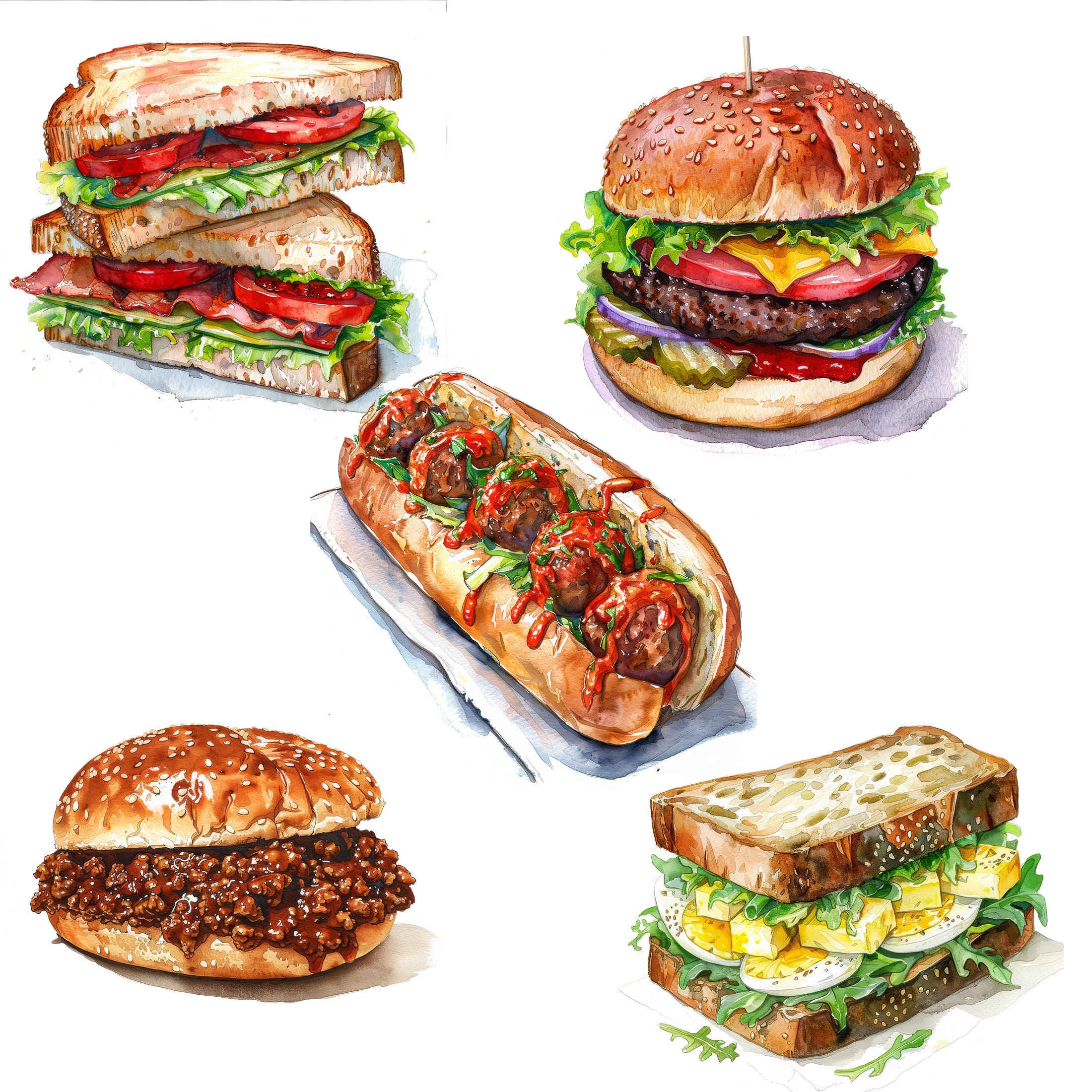 Watercolor Sandwiches PNG Bundle, Breakfast PNG Digital Download ...