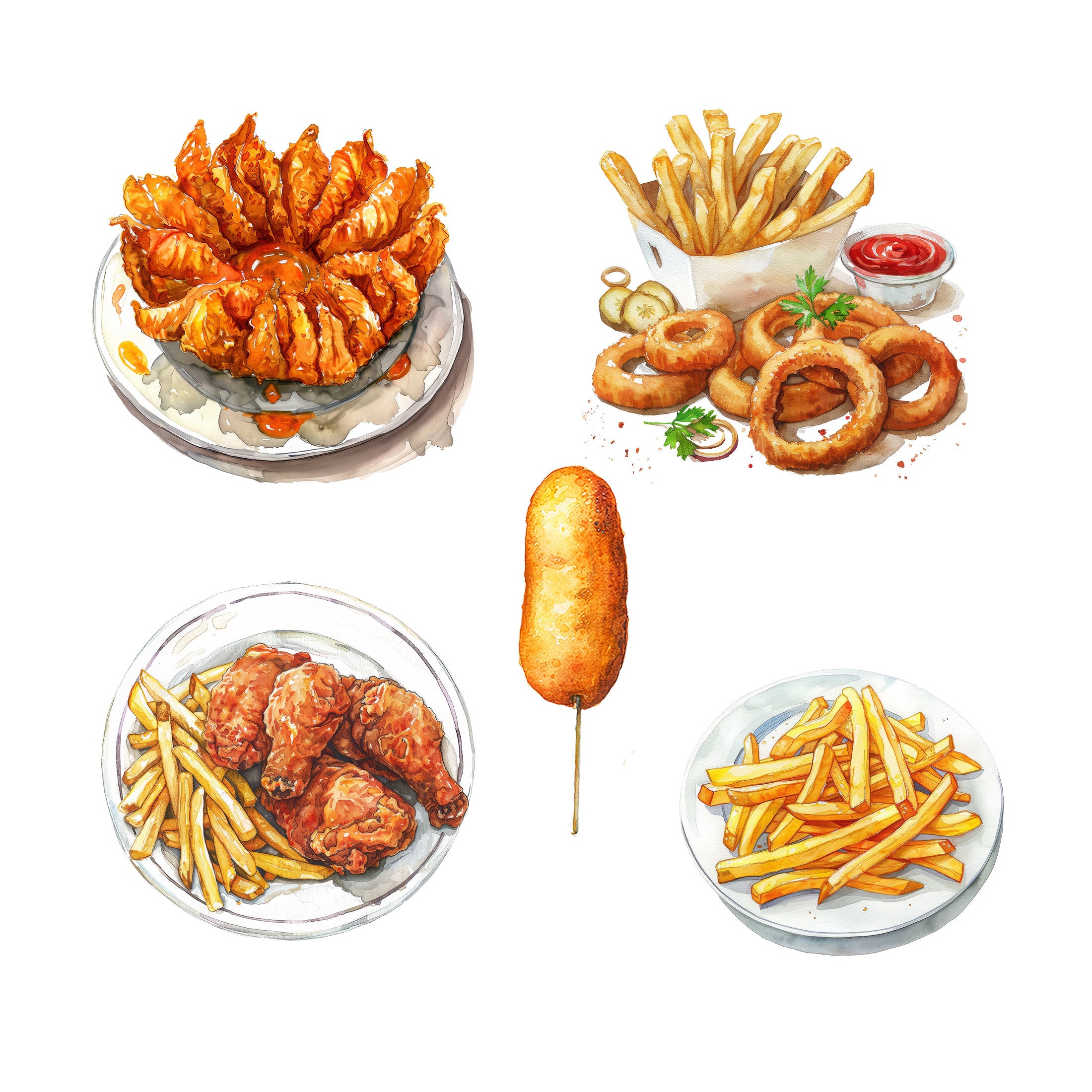 Fried Food Clipart Bundle, Watercolor Menu Clipart, Planner Printable ...