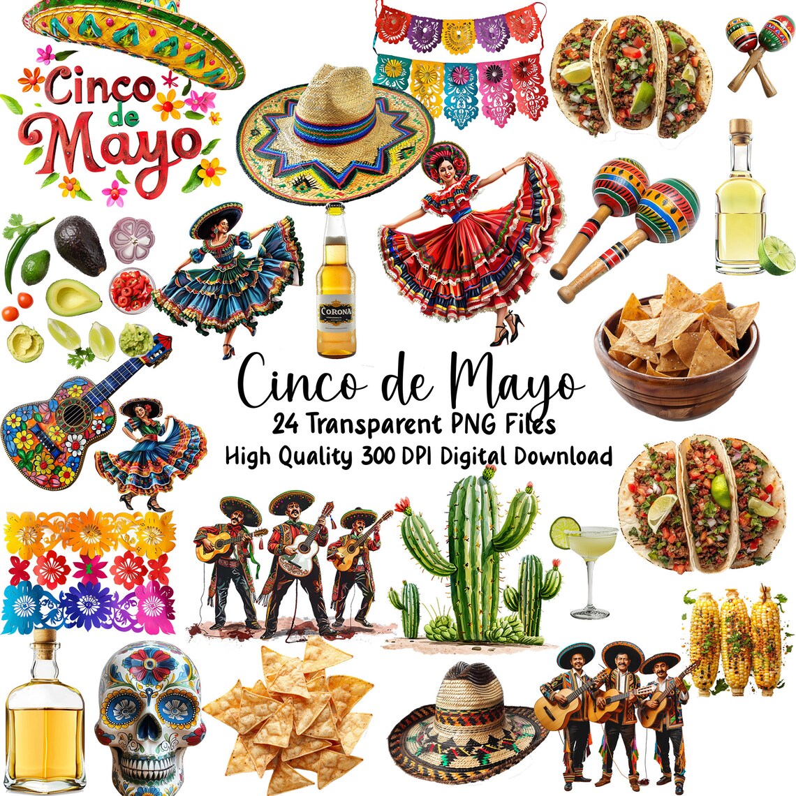 Vibrant Cinco De Mayo Clipart Collection PNG Watercolor Mexican Fiesta ...