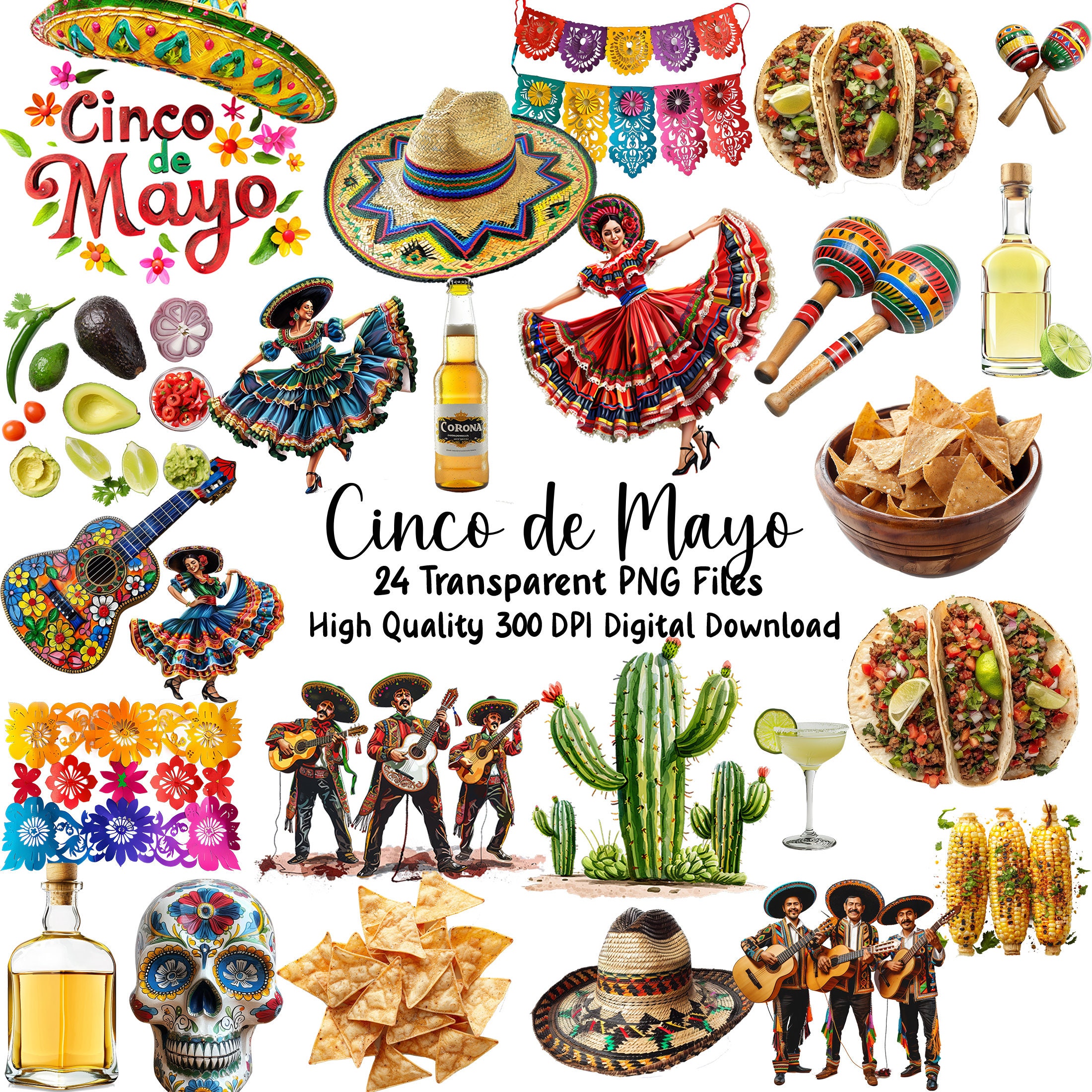 Vibrant Cinco De Mayo Clipart Collection PNG Watercolor Mexican Fiesta ...