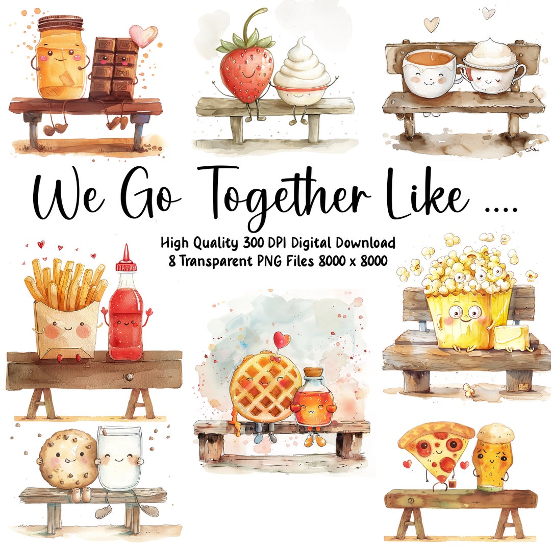 Whimsical Valentine Food Pairs Clipart, Perfect Match, We Go Together ...