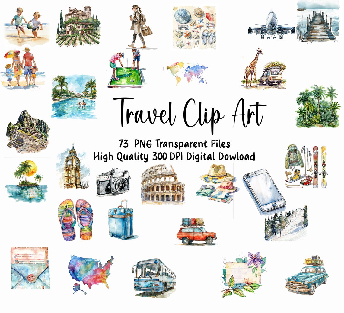 Travel Clipart Bundle, Landmarks PNG, Beach Clipart, Skiing, Golf ...