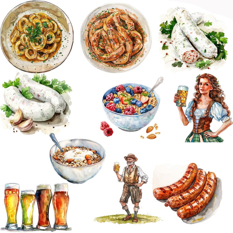 Watercolor German Food Clipart, Food Menu Art, Ethnic Cuisine, Germany ...