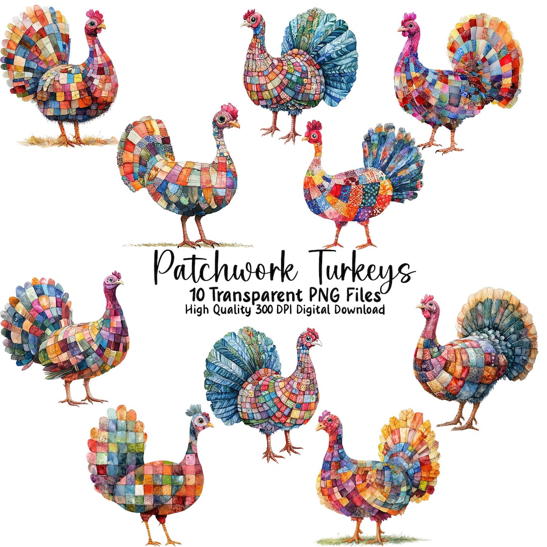 Whimsical Patchwork Turkey Clipart, Artsy Turkeys, Quilts, Fall Decor ...