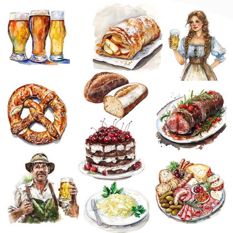 Watercolor German Food Clipart, Food Menu Art, Ethnic Cuisine, Germany ...