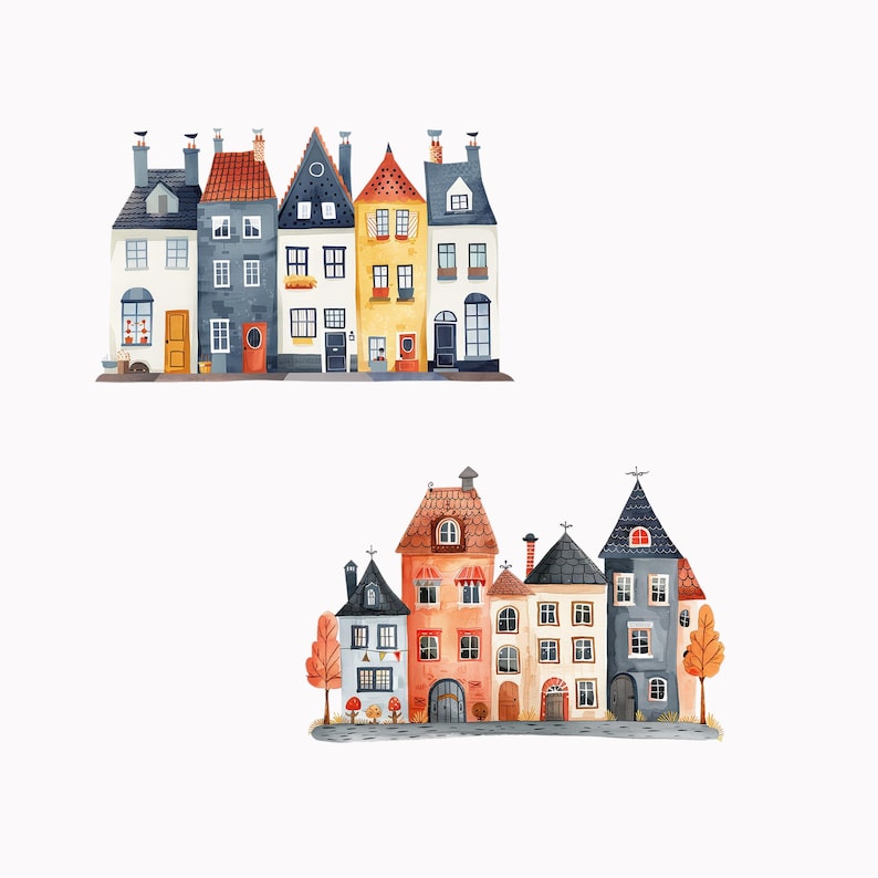 Whimsical Row Houses Watercolor Clipart: Chibi Homes (PNG, Instant ...