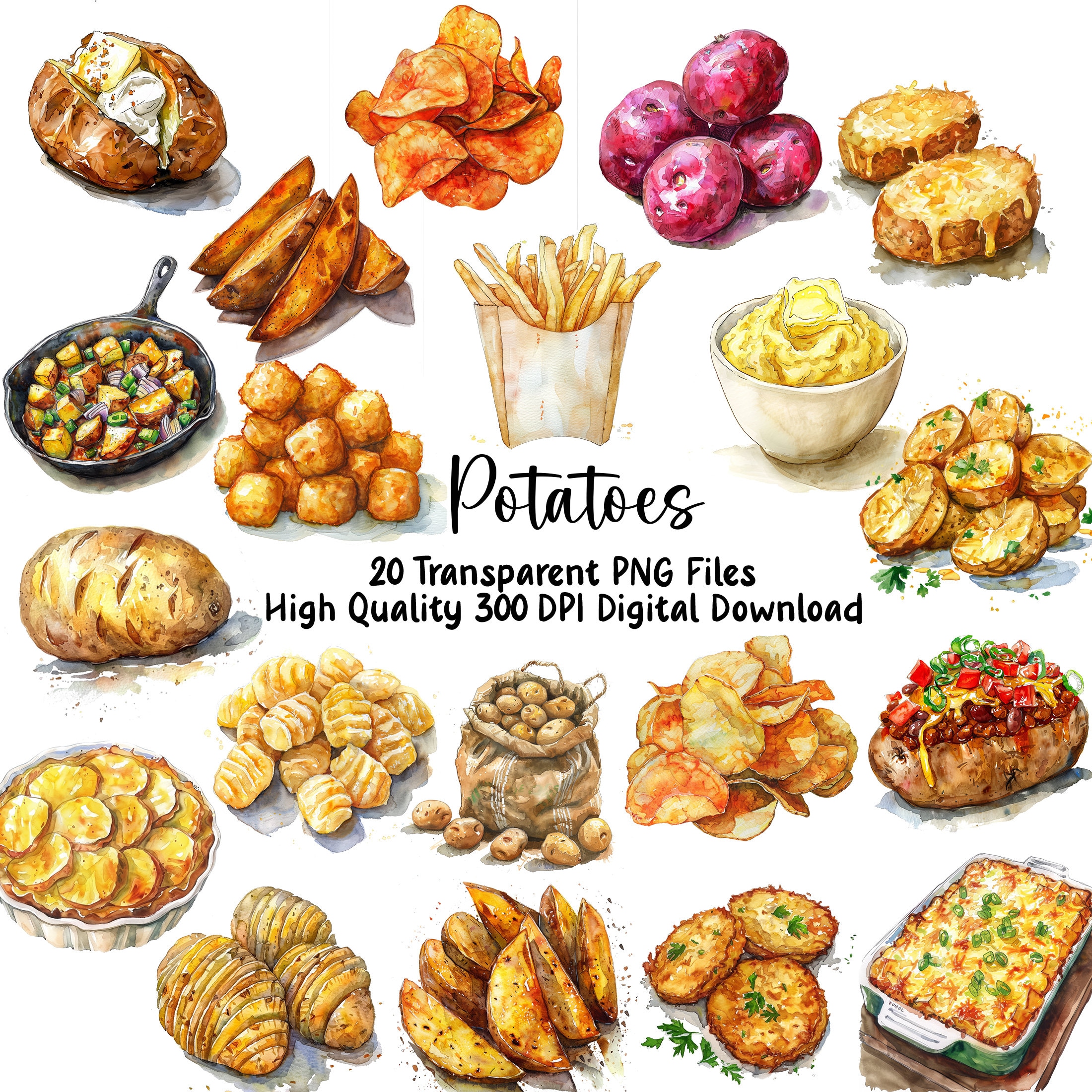 Watercolor Potato Clipart, PNG, French Fries, Potato Chips, Baked ...