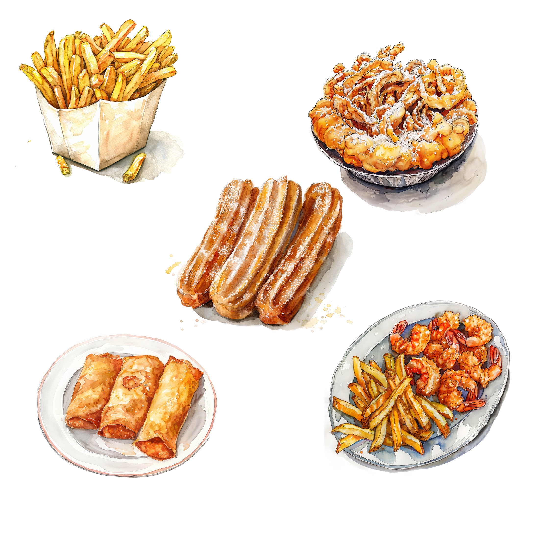 Fried Food Clipart Bundle, Watercolor Menu Clipart, Planner Printable ...