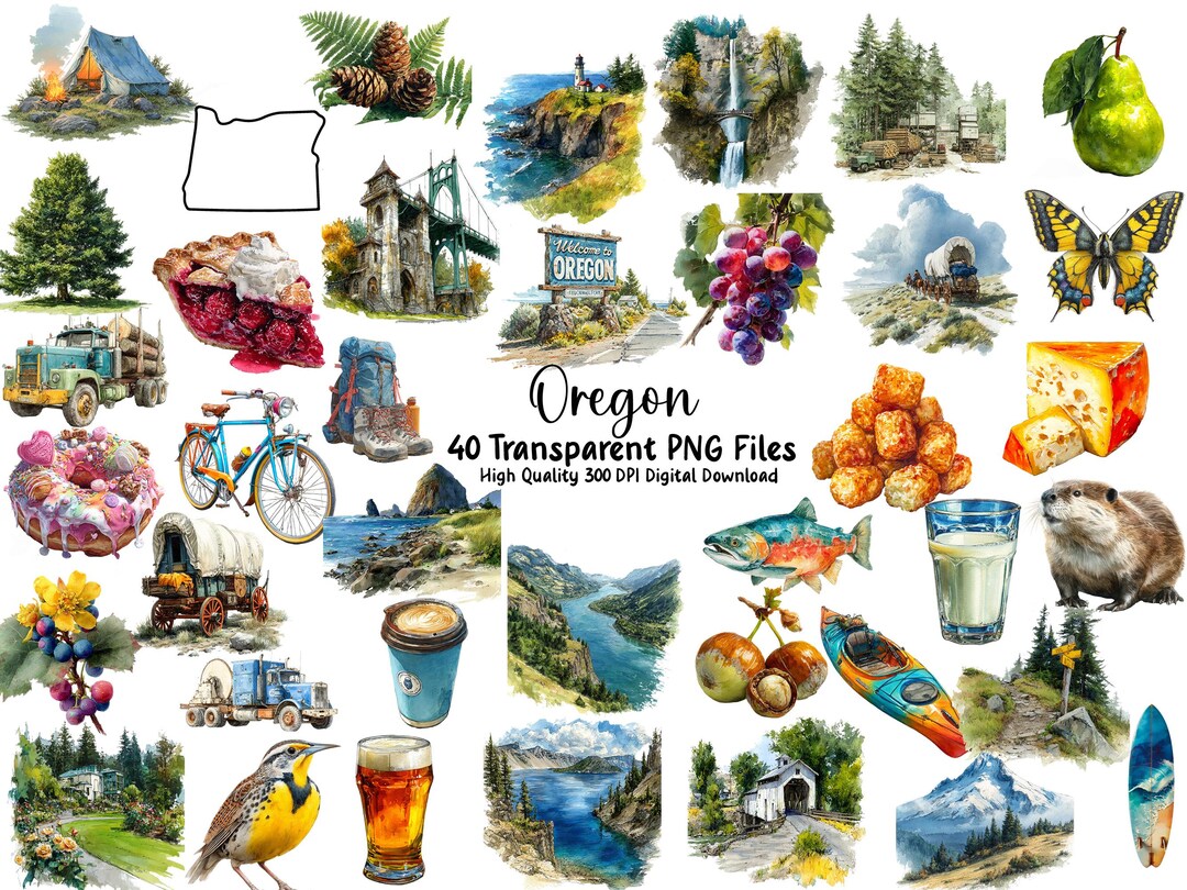 Oregon State Clipart Bundle | Watercolor Landmarks, Nature & Wildlife ...
