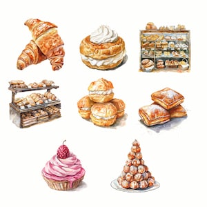 French Pastries Watercolor Clipart, Patisserie Clipart, Gourmet Pastry ...