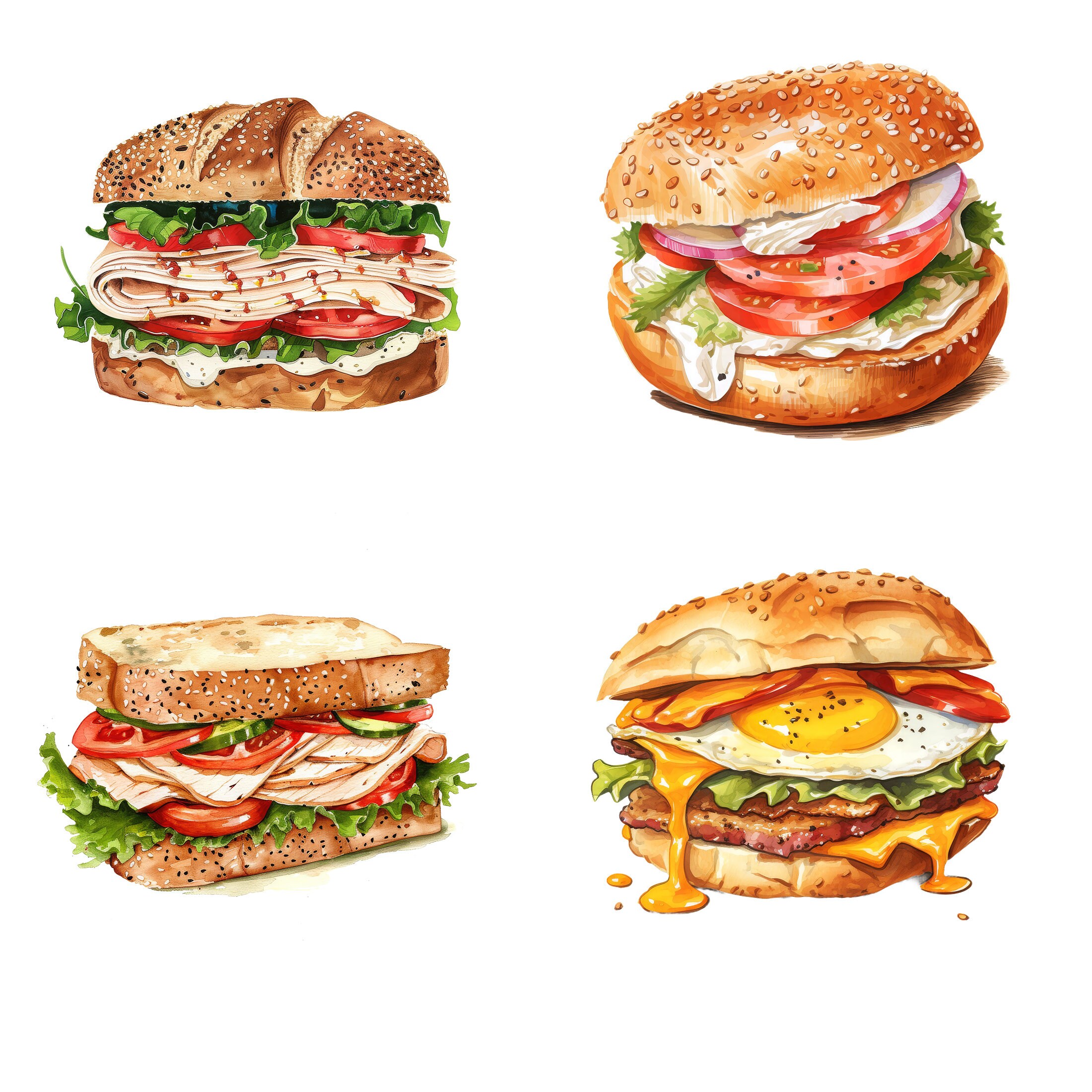 Watercolor Sandwiches II Bundle, PNG, Breakfast Sandwich, Digital ...