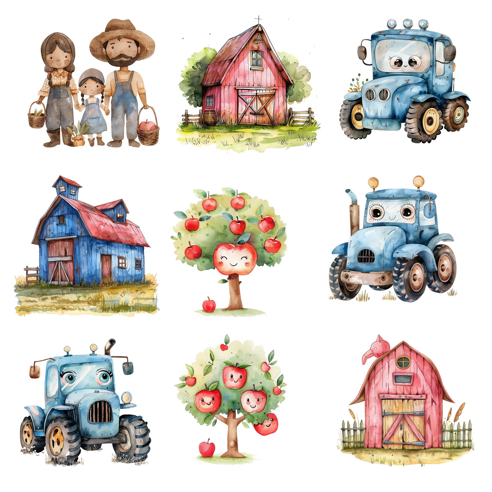 Kawaii Family Farm Clipart Pack, Whimsical Watercolor Farm Animals ...