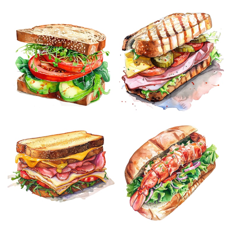 Watercolor Sandwich Clipart Bundle: Food Illustrations (digital ...