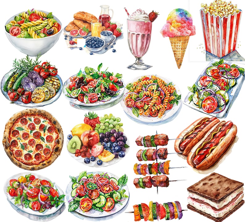 Watercolor Summer Foods Clipart, Picnic Food Clipart, PNG, Commercial ...