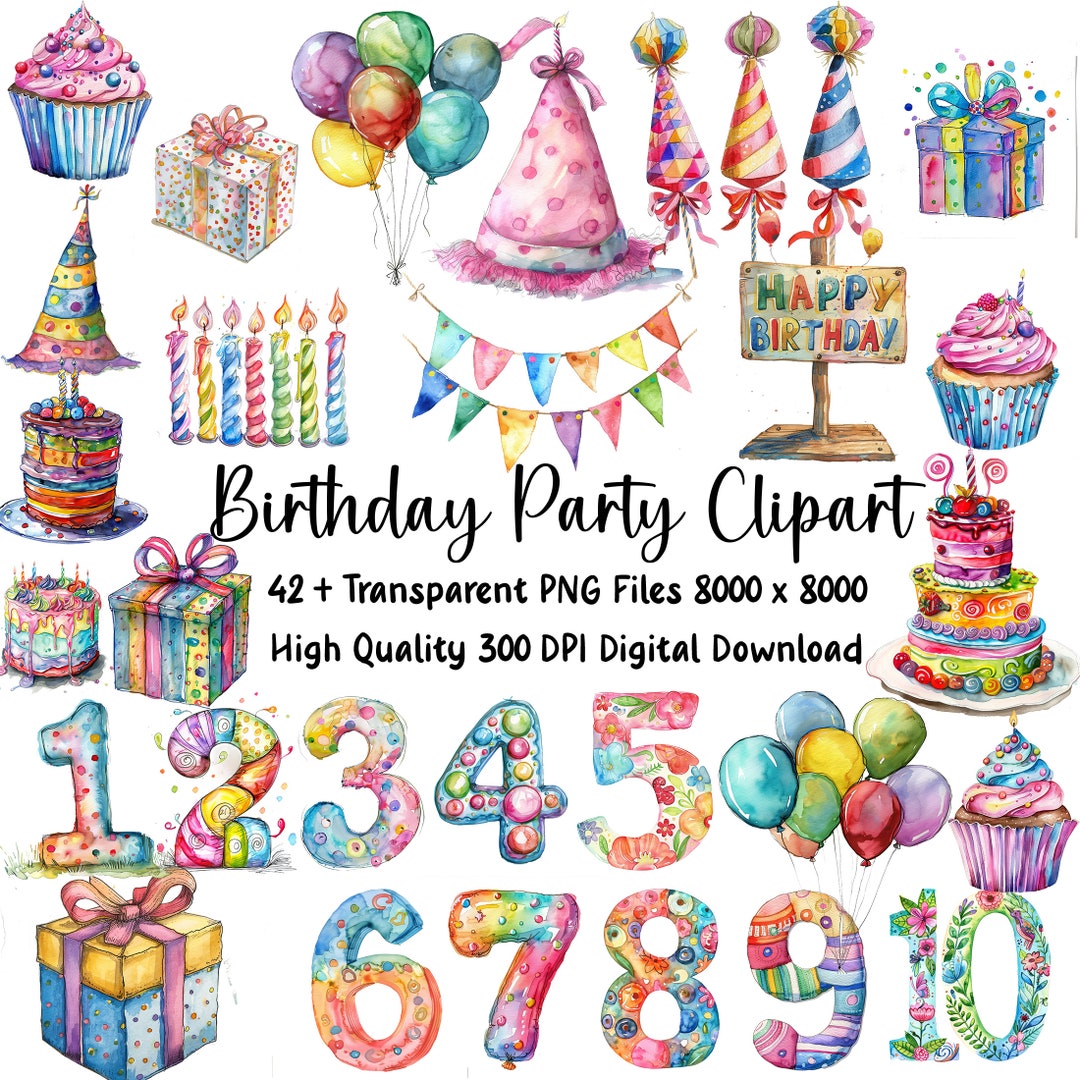 Watercolor Birthday Party Clipart, Cake, Present, Balloons, Numbers ...