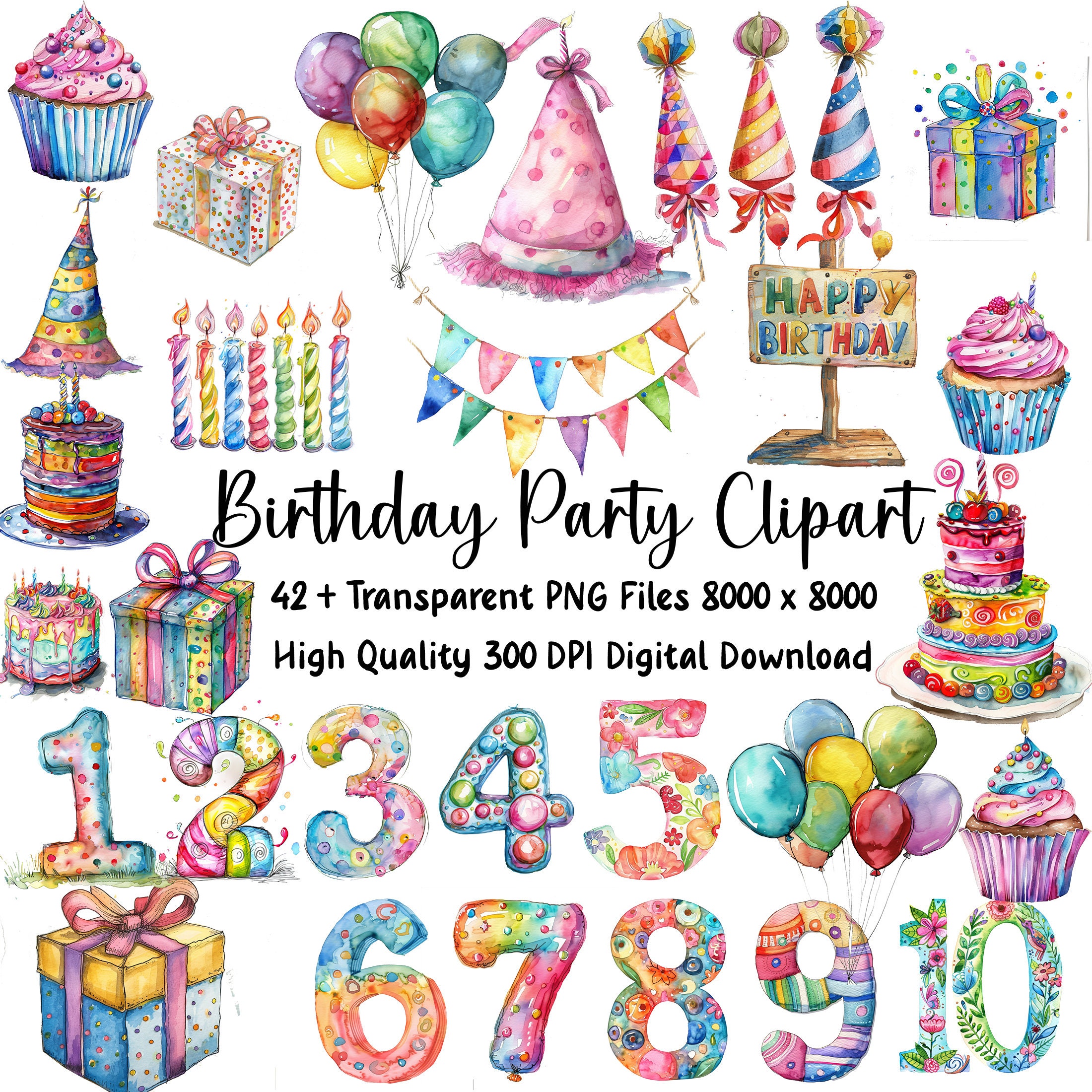 Watercolor Birthday Party Clipart, Cake, Present, Balloons, Numbers ...