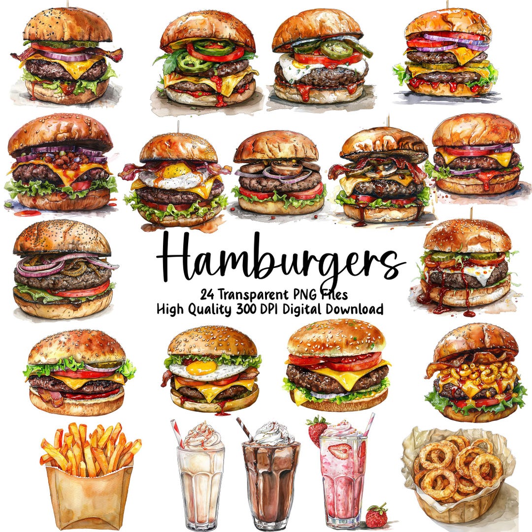 Watercolor Hamburger Clipart: Fast Food PNG Graphics (commercial Use ...