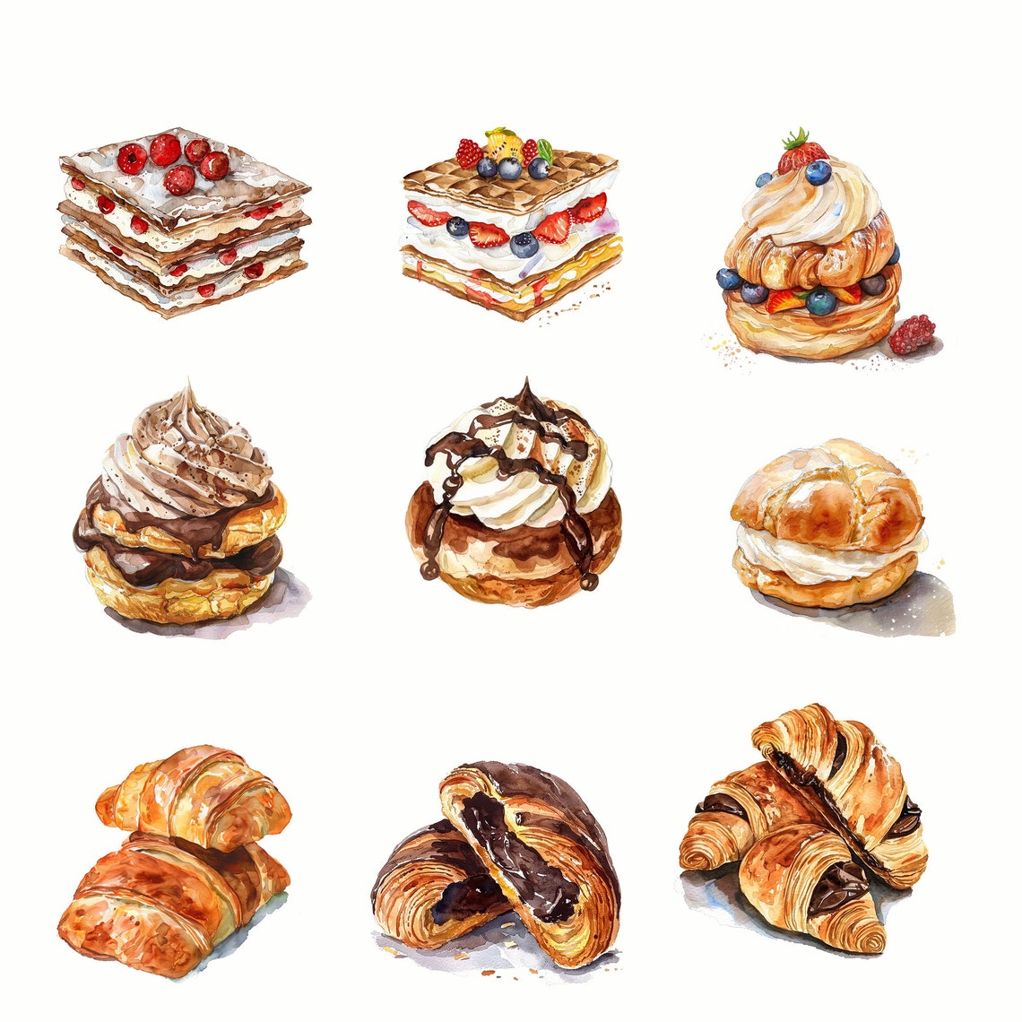 French Pastries Watercolor Clipart, Patisserie Clipart, Gourmet Pastry ...