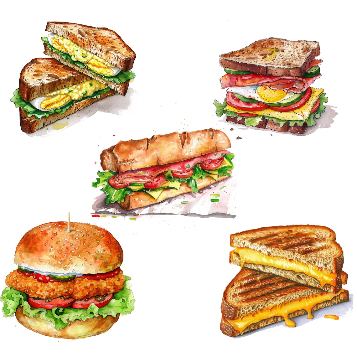 Watercolor Sandwiches PNG Bundle, Breakfast PNG Digital Download ...