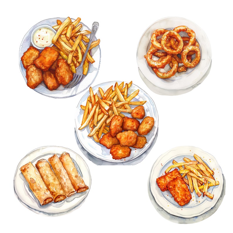 Fried Food Clipart Bundle, Watercolor Menu Clipart, Planner Printable ...