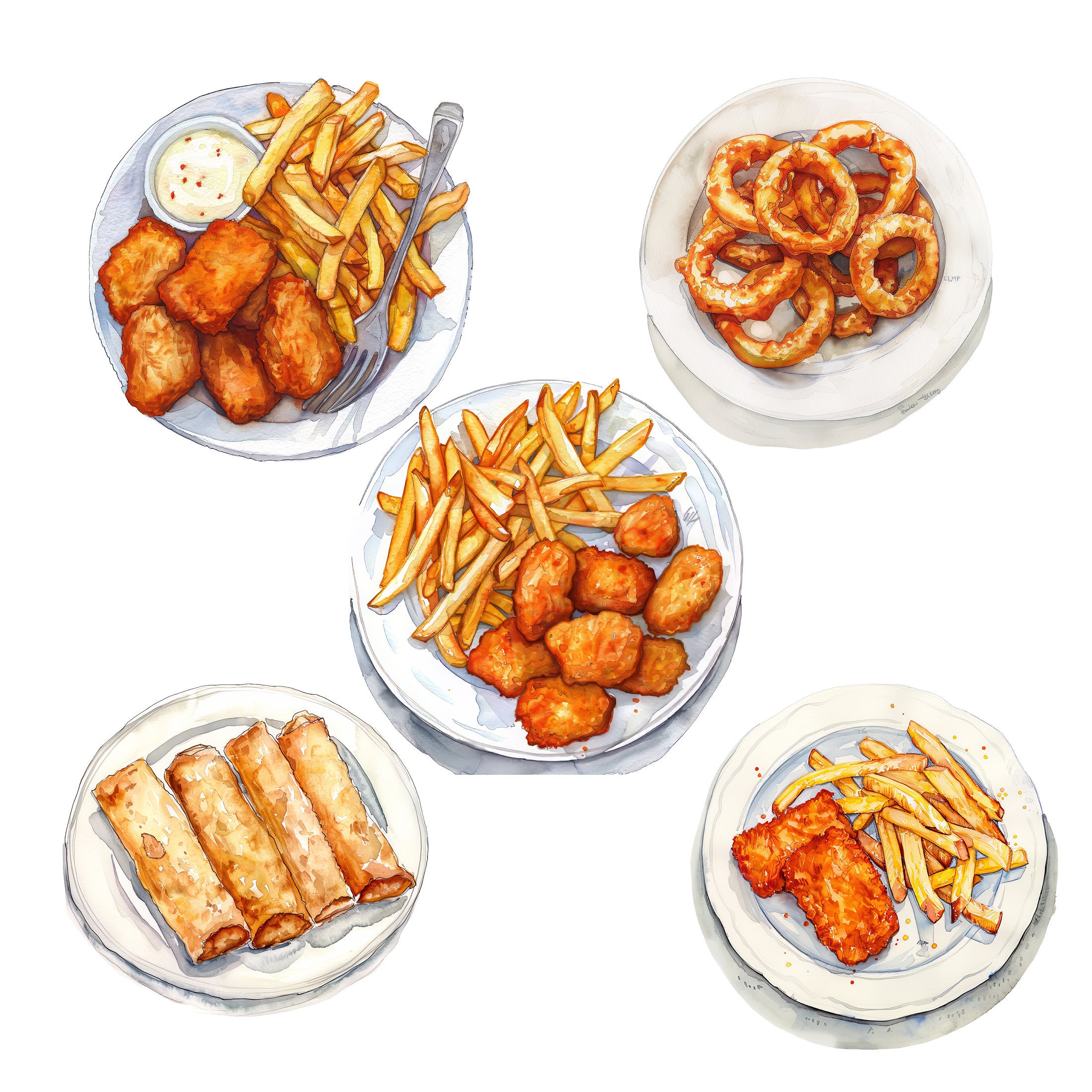 Fried Food Clipart Bundle, Watercolor Menu Clipart, Planner Printable ...