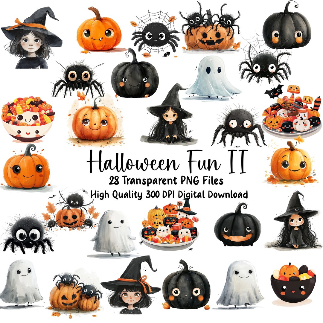 Whimsical Halloween Clipart, Fun Pumpkins, Spiders, Ghosts, Candy, Cats ...