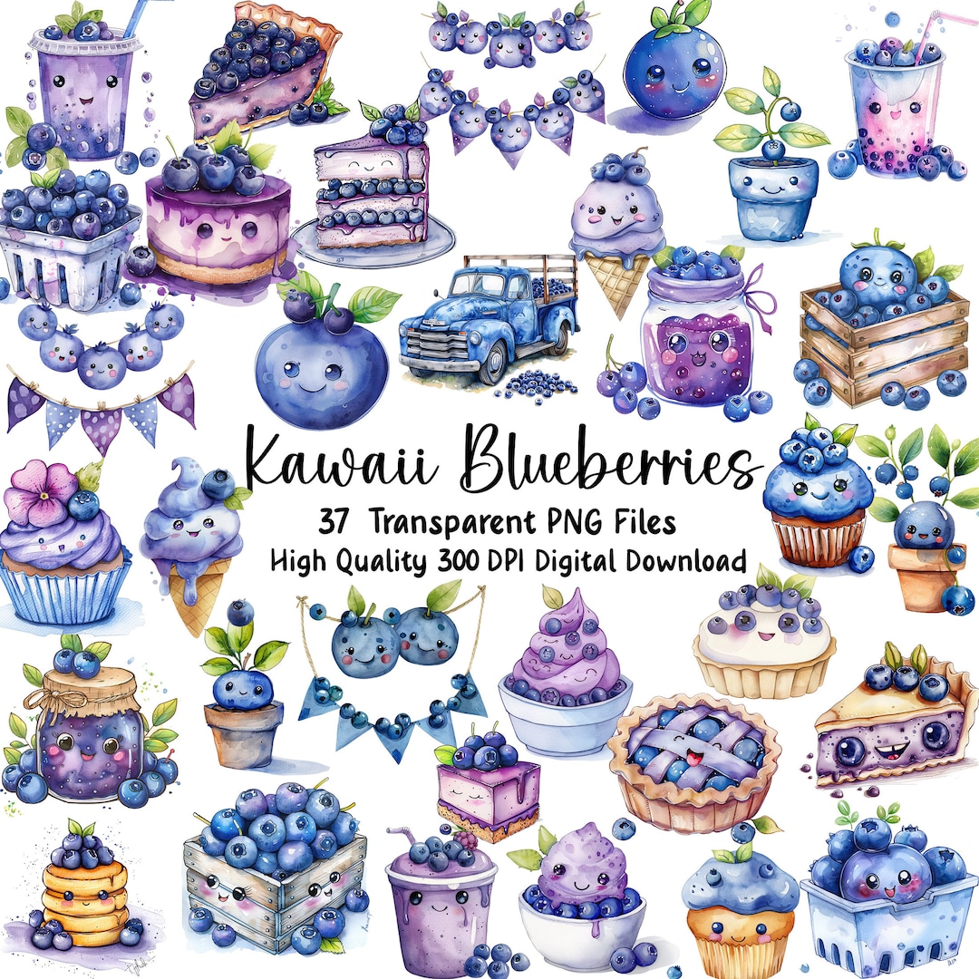 Kawaii Blueberry Clipart, Adorable Blueberries, Invitations, Journals ...