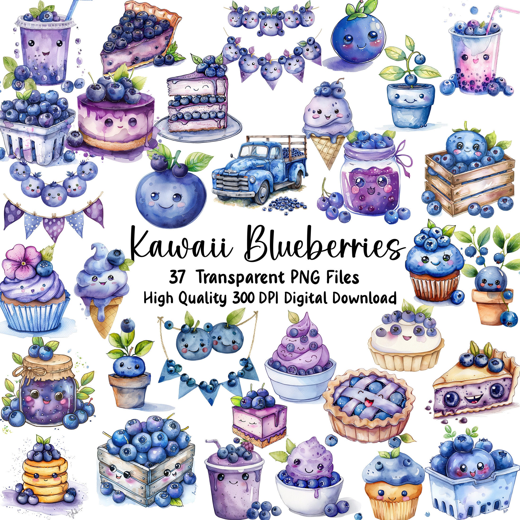 Kawaii Blueberry Clipart, Adorable Blueberries, Invitations, Journals ...