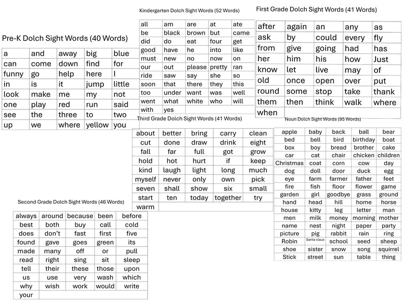 Dolch Sight Words Flashcards: Pre-k - 3rd Grade (digital Download) - Etsy