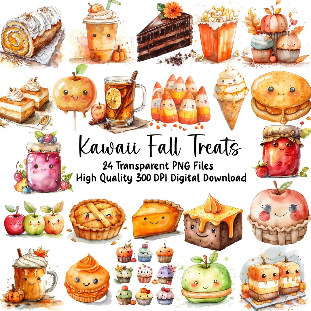 Kawaii Fall Treats Clipart: Pumpkin Spice Latte, Apples (digital ...