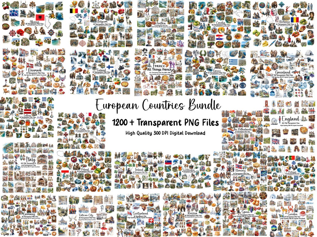 European Countries Clipart Bundle | 26 Nations Travel Landmarks ...