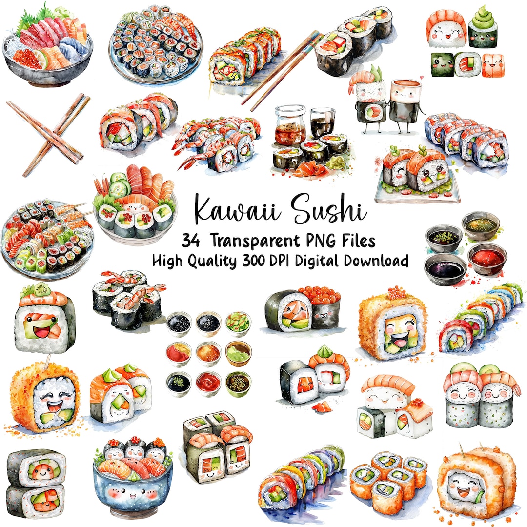 Adorable Kawaii Sushi Clipart, Sushi Graphics, PNG Files, Commercial ...