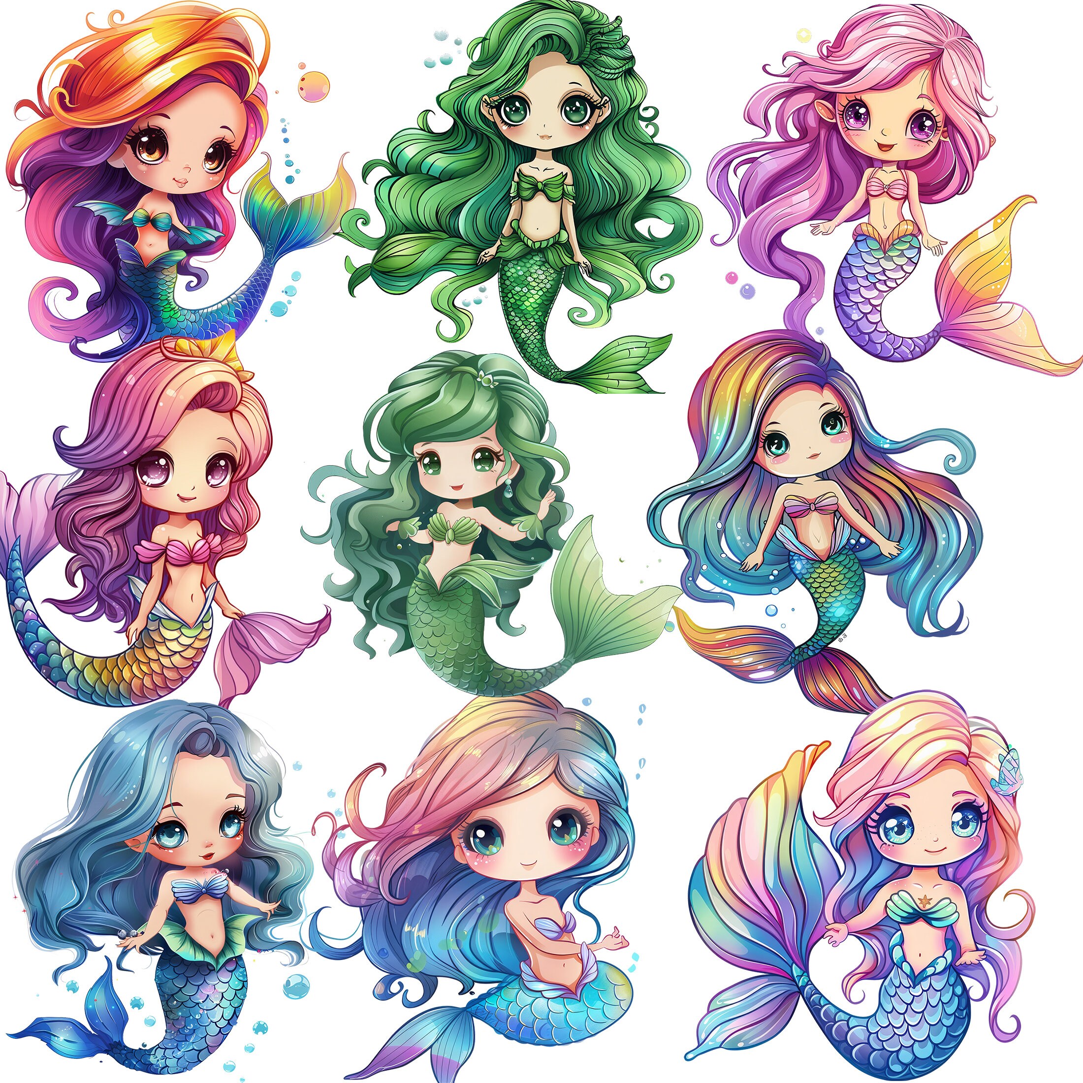 Chibi Mermaid Bundle Clipart, Whimsical Mermaids, PNG, Instant Download ...