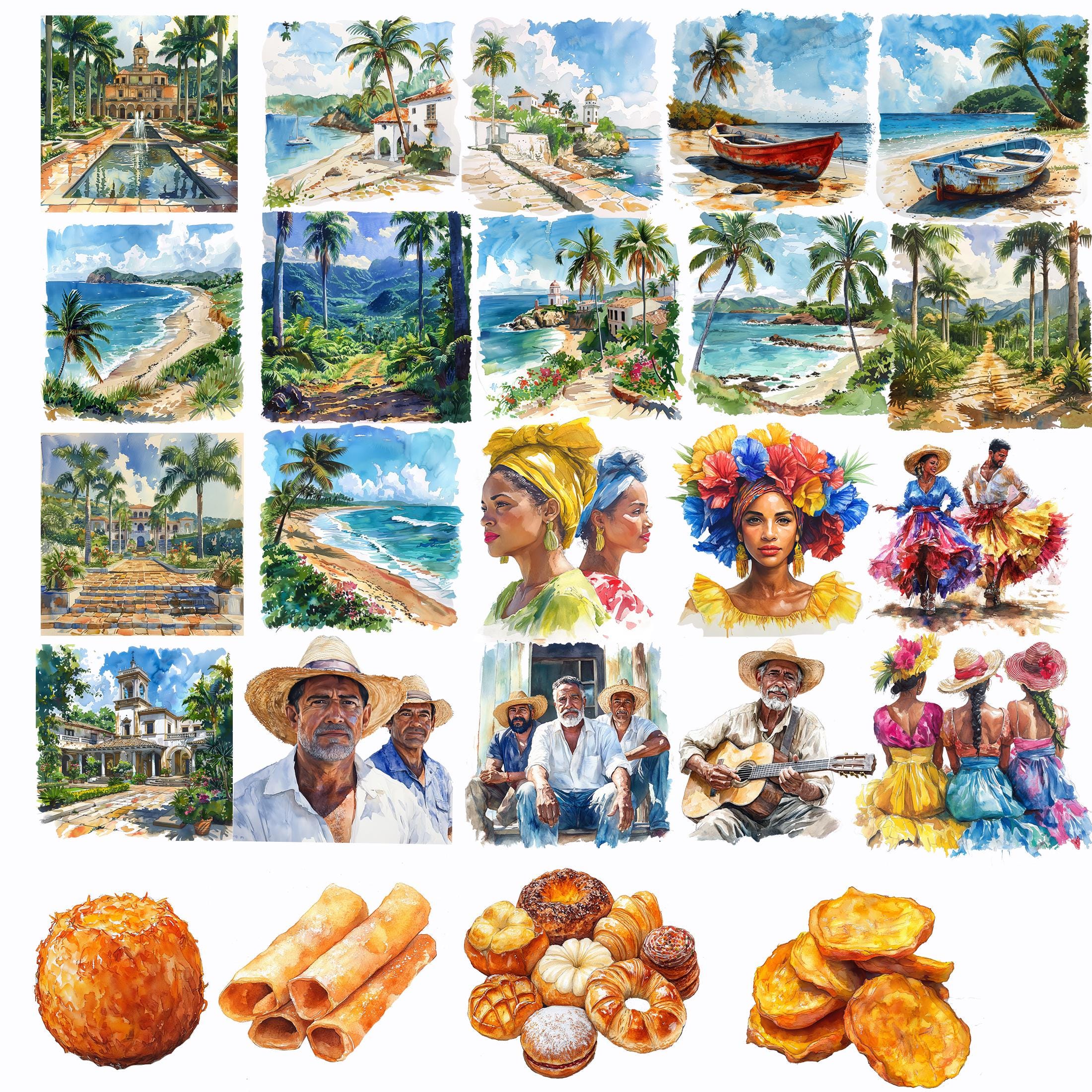 Puerto Rico Watercolor Clipart: Latino Culture Graphics (digital ...