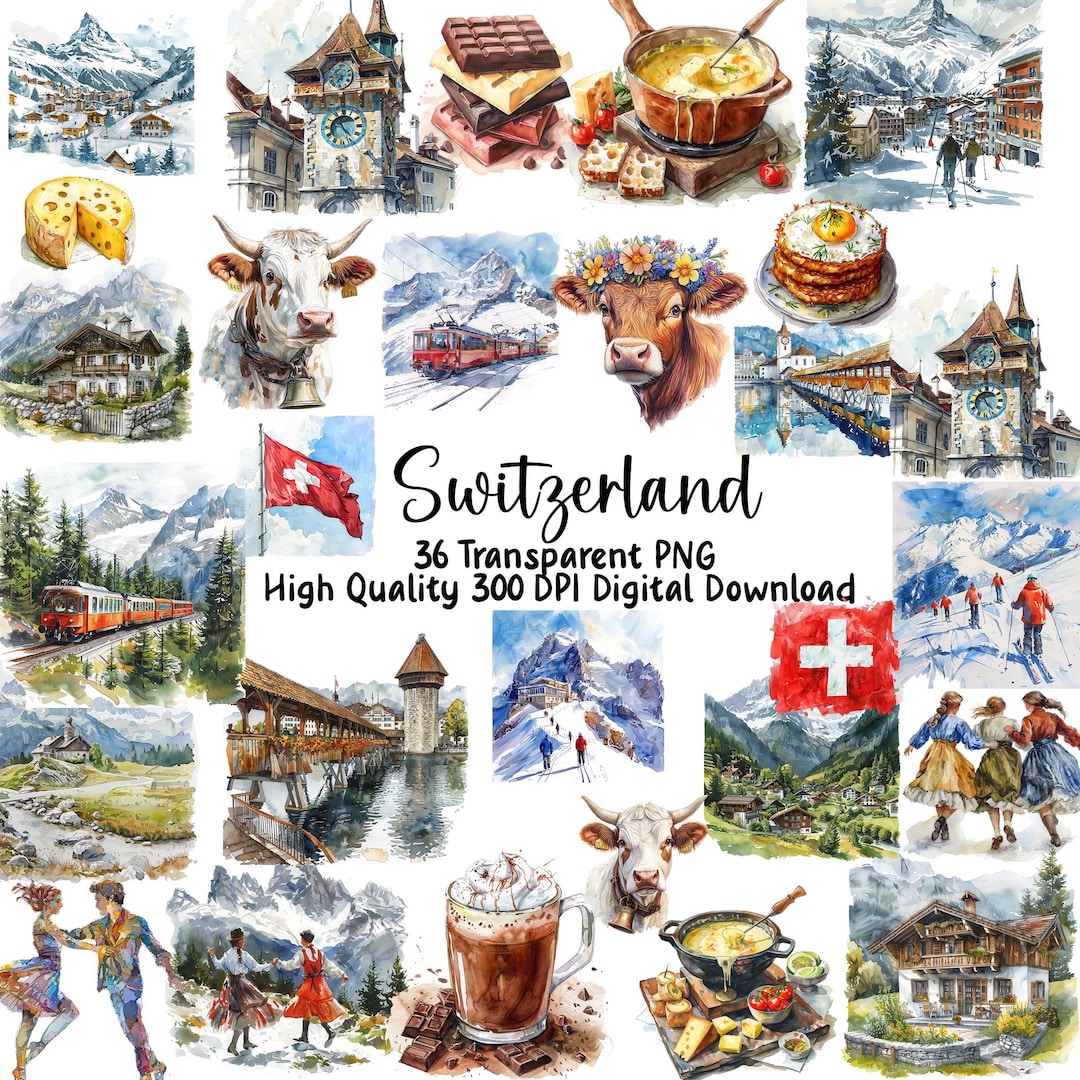 Watercolor Switzerland Clipart: Swiss Culture Graphics (digital ...