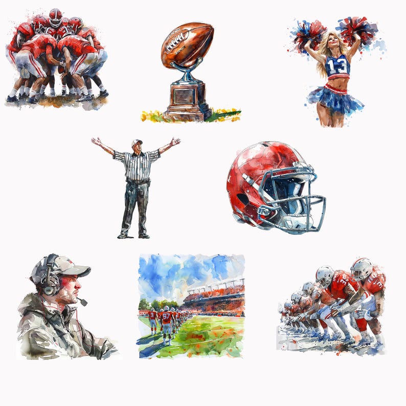 Watercolor Football Clipart Bundle: Sport PNG Graphics (commercial Use ...