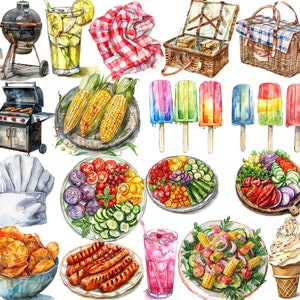 Watercolor Summer Foods Clipart, Picnic Food Clipart, PNG, Commercial ...