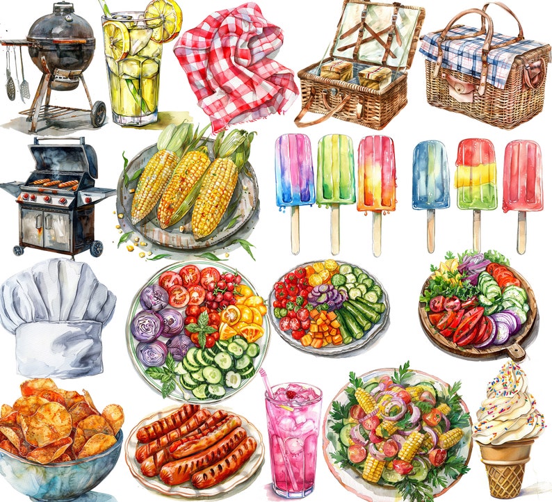 Watercolor Summer Foods Clipart, Picnic Food Clipart, PNG, Commercial ...