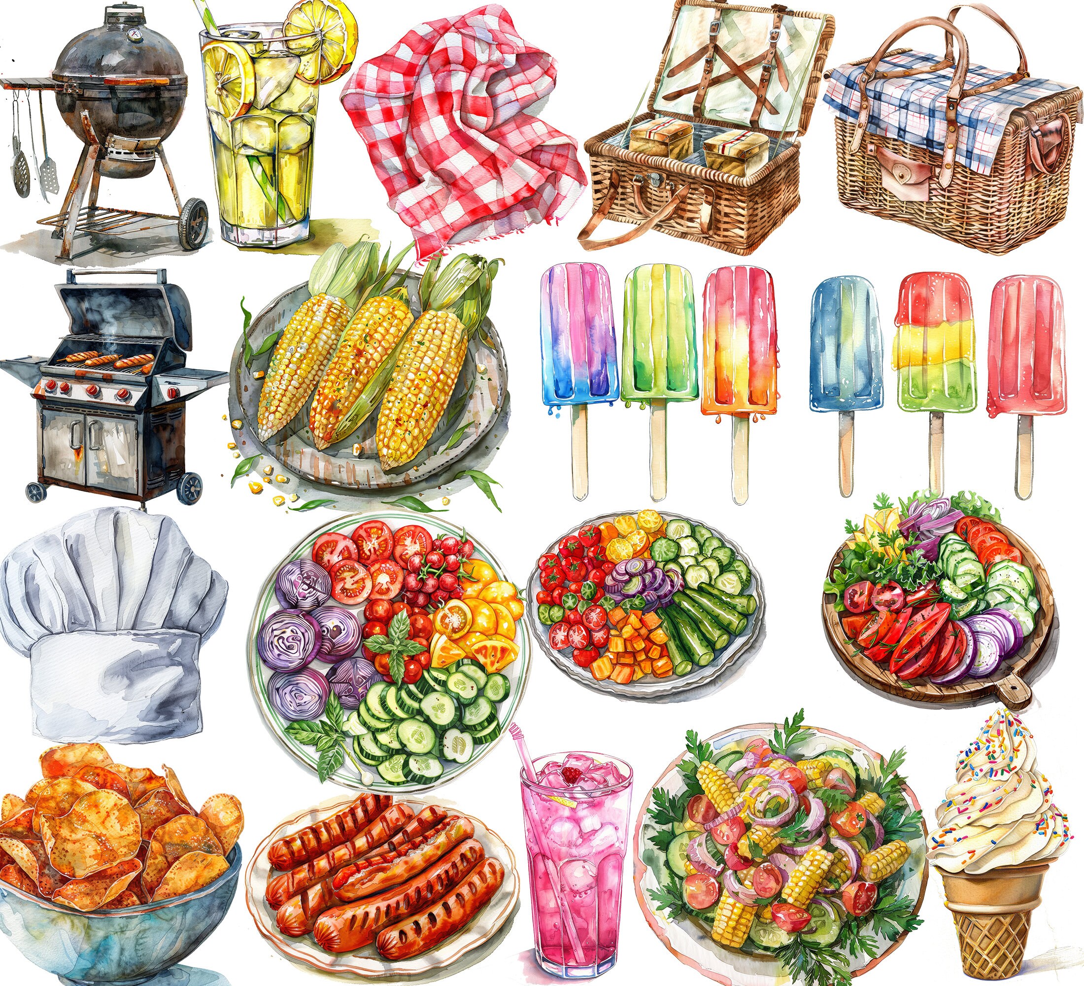 Watercolor Summer Foods Clipart, Picnic Food Clipart, PNG, Commercial ...