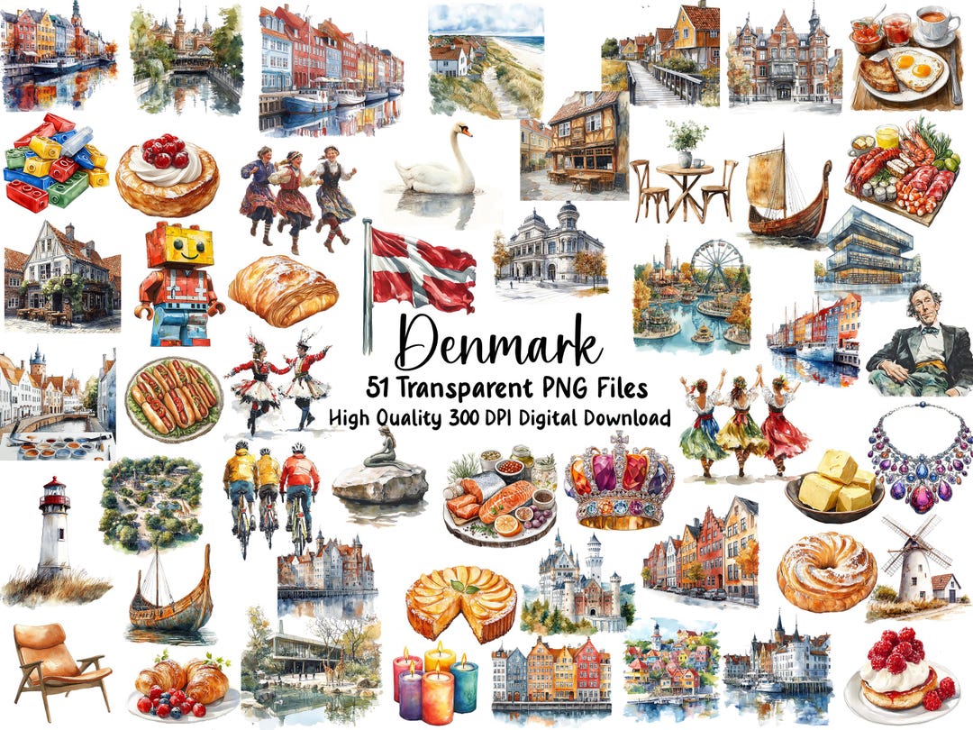 Watercolor Denmark Clipart: Danish Culture PNG Images (digital Download ...