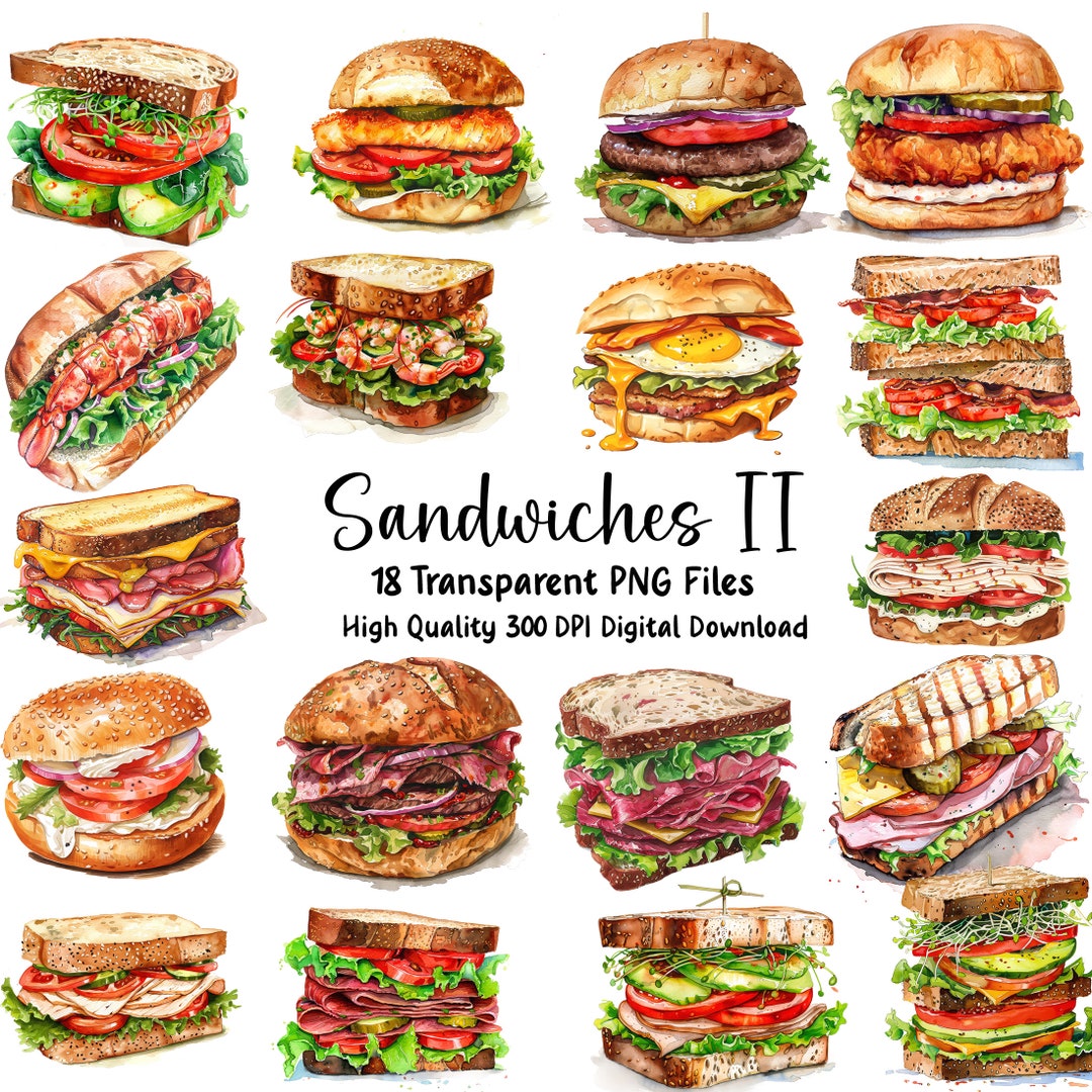 Watercolor Sandwiches II Bundle, PNG, Breakfast Sandwich, Digital ...
